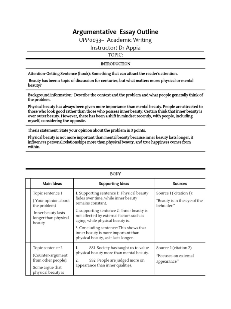 Argumentative Essay Outline Sp23 | PDF | Beauty | Essays