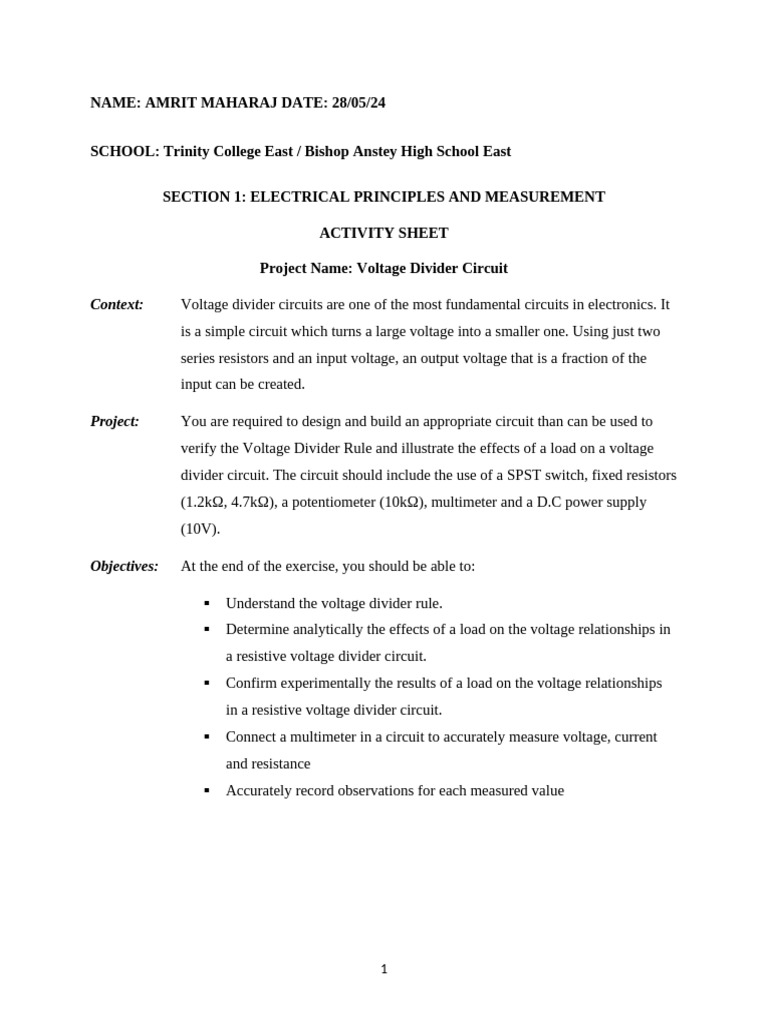 Voltage Divider Circuit Project Guide | PDF | Voltage | Electrical Network
