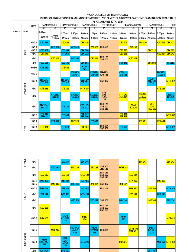 YABATECH Part-Time Exam Timetable 2024 | PDF