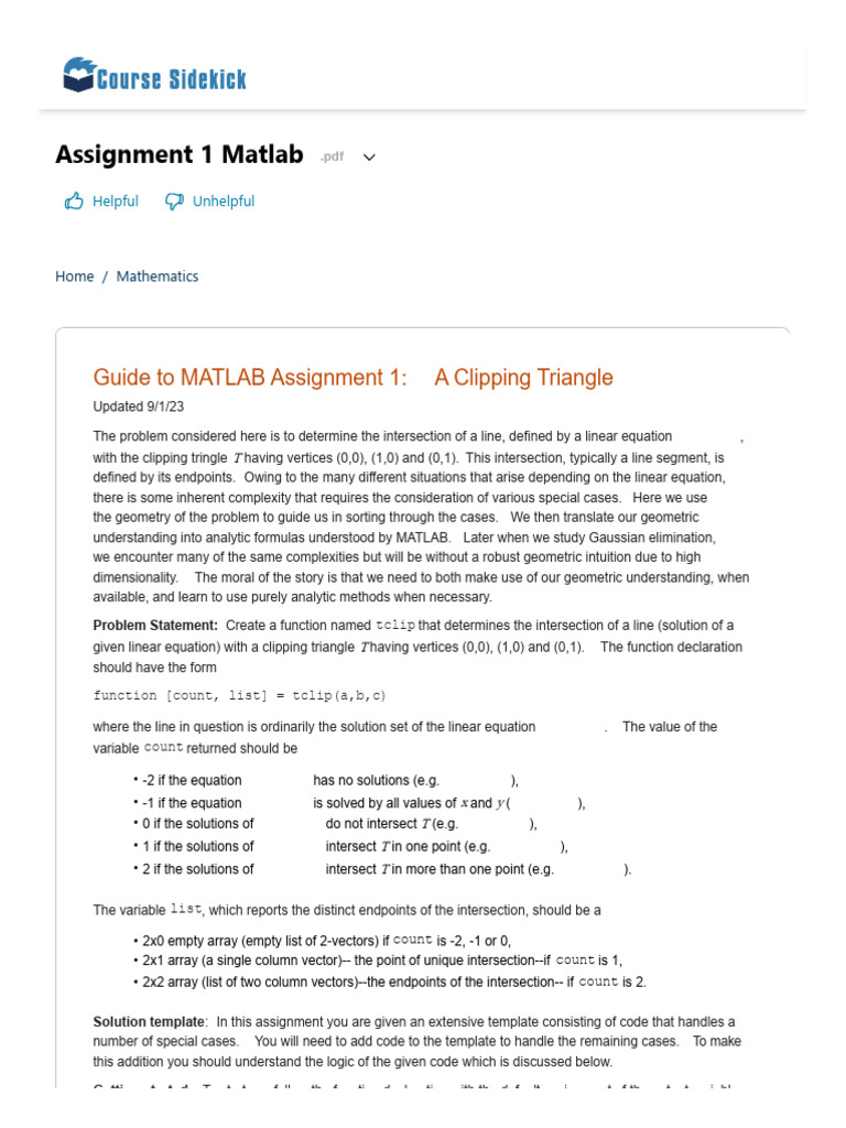 Assignment 1 Matlab (PDF) - Course Sidekick | PDF | Line (Geometry ...