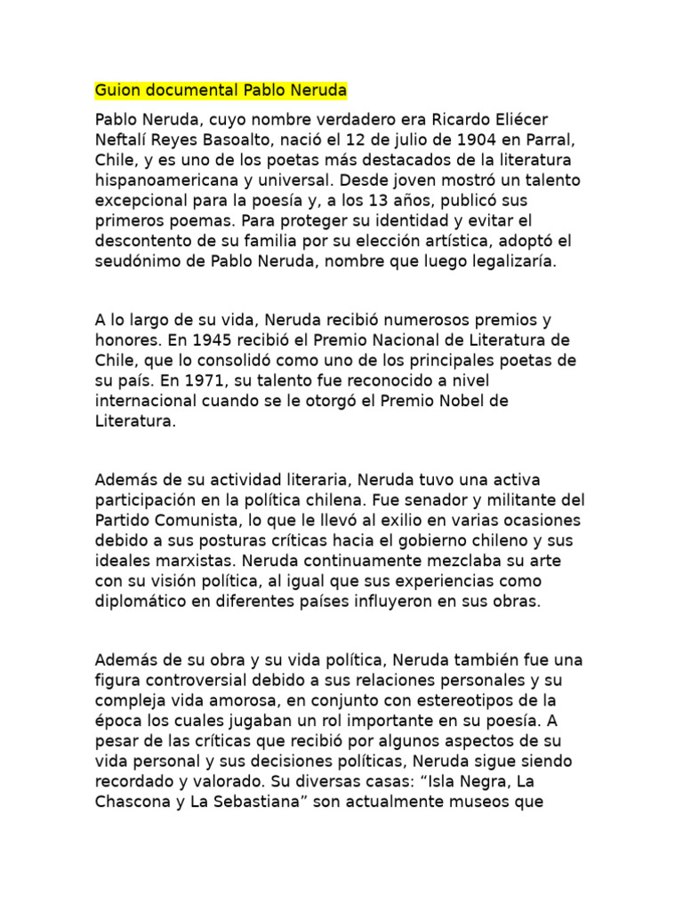 Guion - Documental - Pablo - Neruda 1 | PDF | Chile