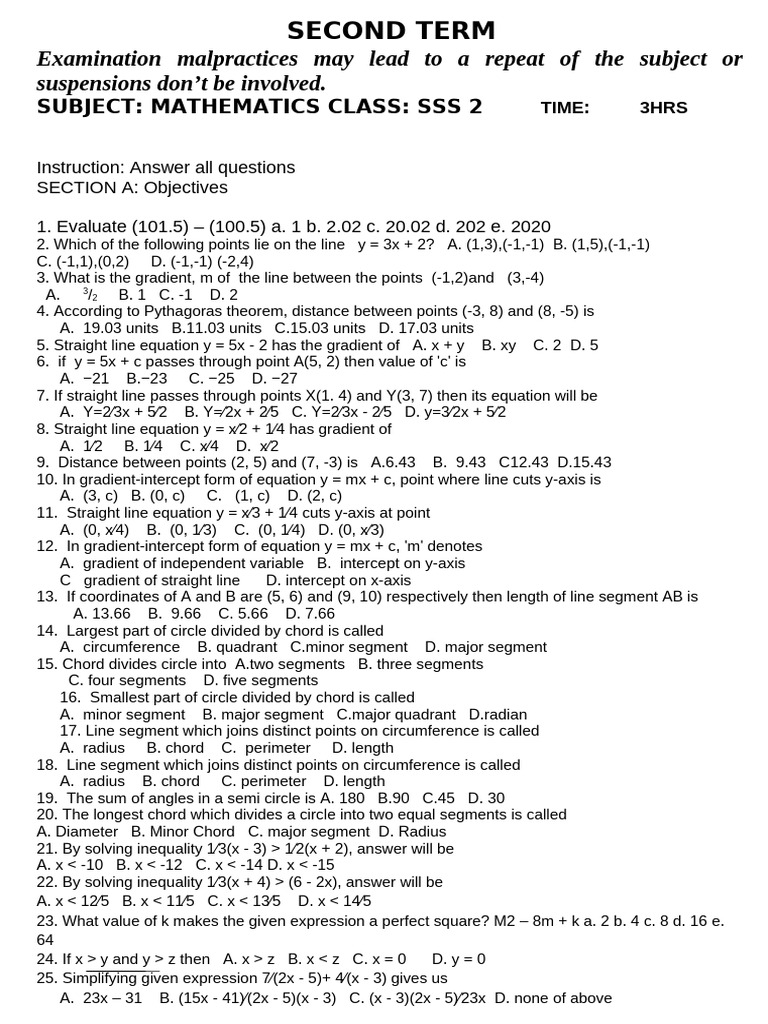 SSS 2 Mathematics Exam Guide | PDF | Circle | Cartesian Coordinate System