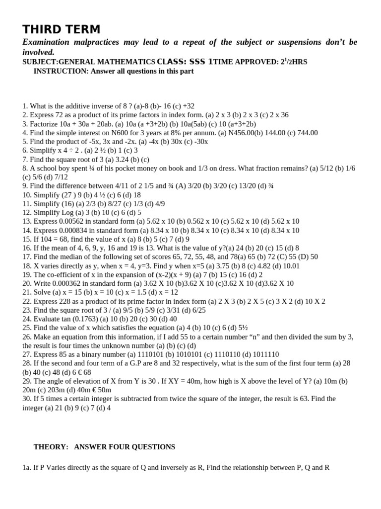 SSS1 Third Term Mathematics Exam | PDF | Circle | Numbers