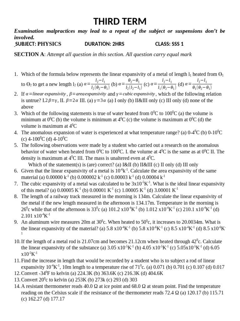 Ss 1 Third Term Physics Examination | PDF | Thermal Conduction | Thermal Expansion