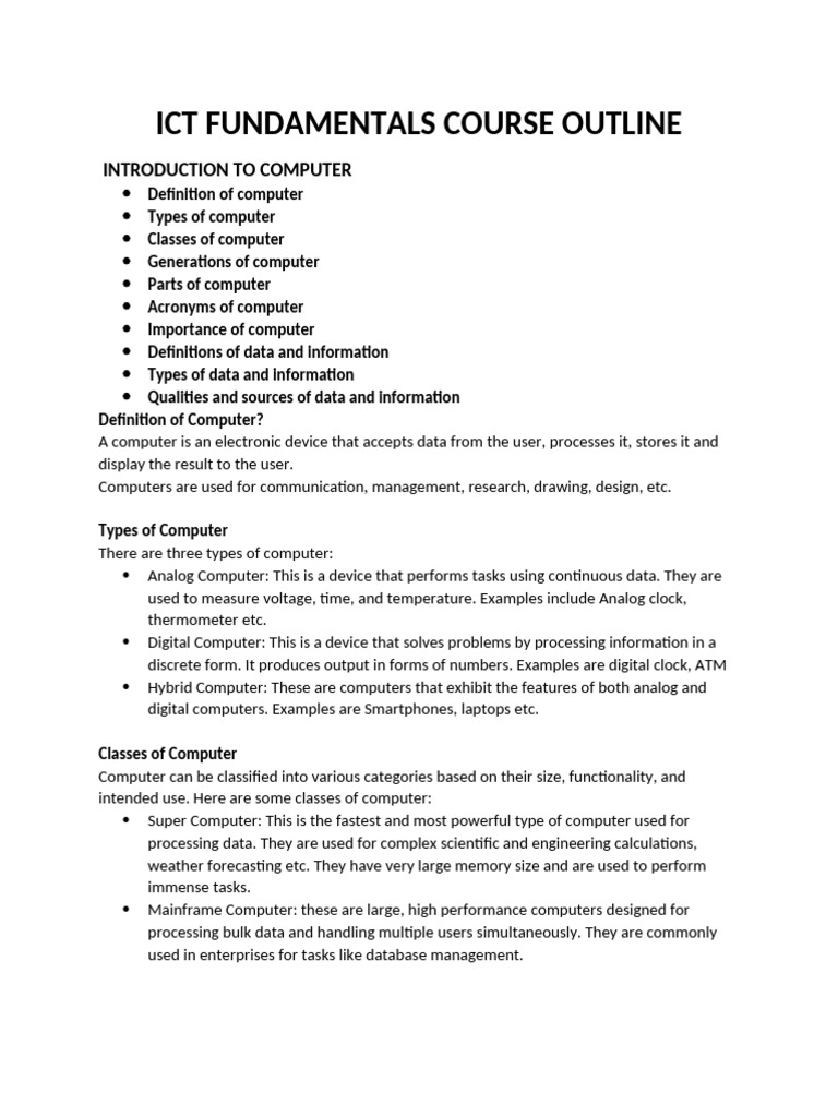 ICT FUNDAMENTALS COURSE OUTLINE John | PDF | Operating System | Computer Network