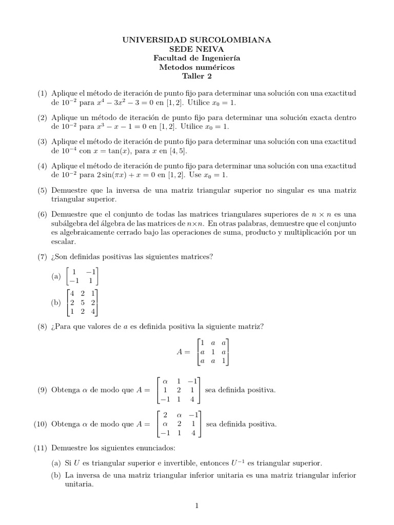 Taller 2 Metodos Numericos 2024-2 | PDF | Análisis matemático | Álgebra lineal