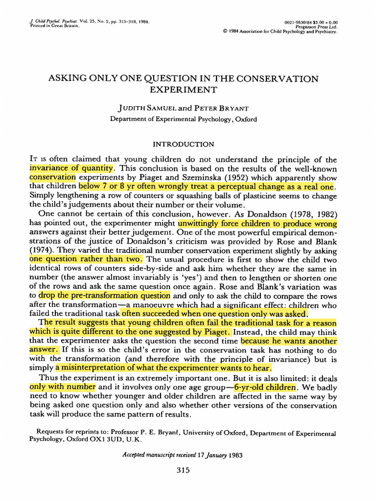 Samuel & Bryant (1984) - Contests Piaget's Theory | PDF