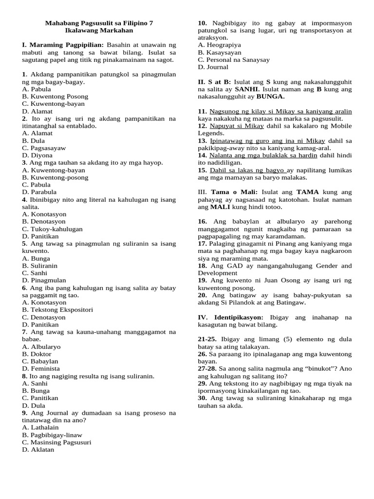 Mahabang Pagsusulit Sa Filipino 7 | PDF