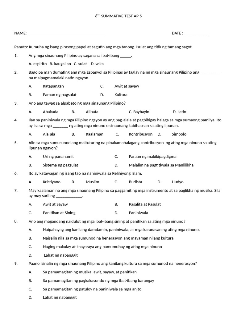 6th Summative Test AP 5 | PDF