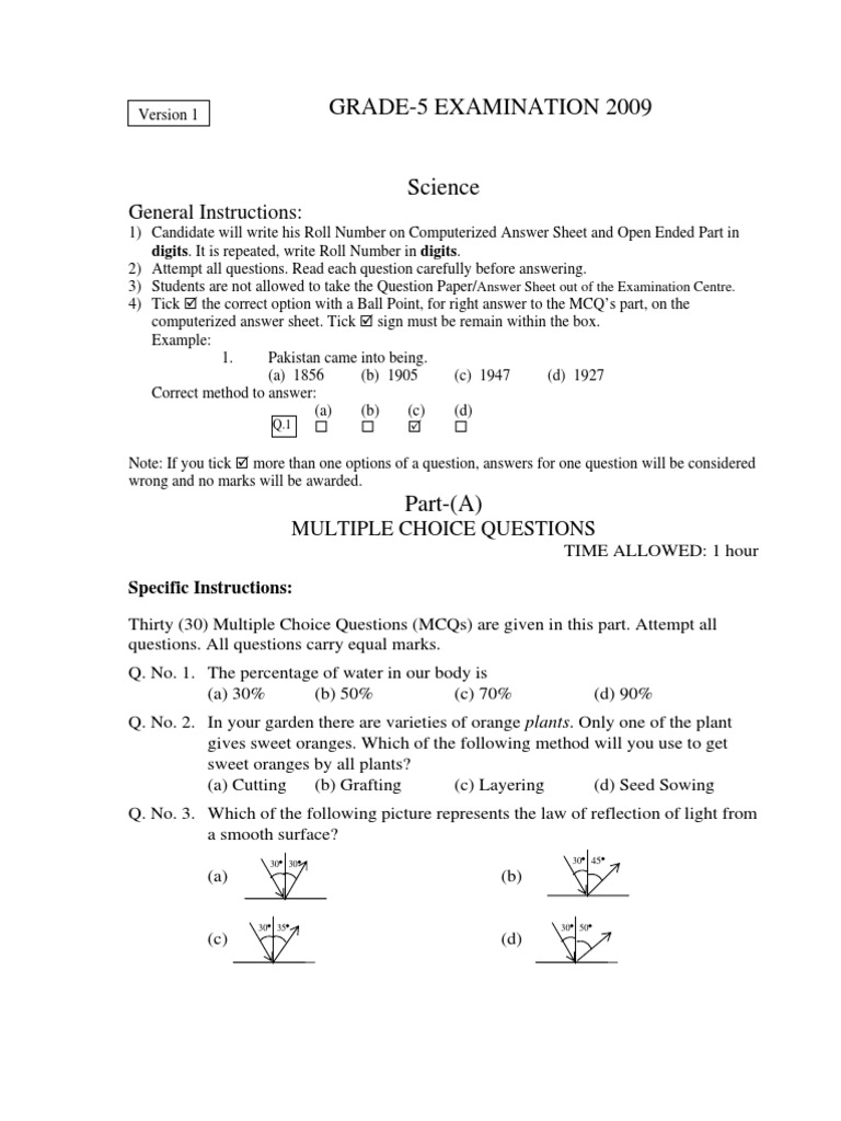 Grade-5 Examination 2009: General Instructions | PDF | Multiple Choice ...