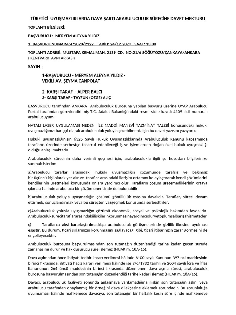 Tüketi̇ci̇ Dava Davet Mektubu Meryem Aleyna Yildiz | PDF