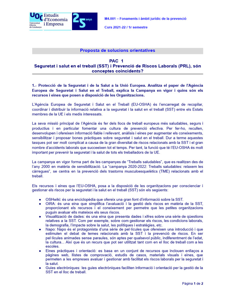M4.001 Fonaments I Àmbit Jurídic de La Prevenció - PAC1 - Sol | PDF