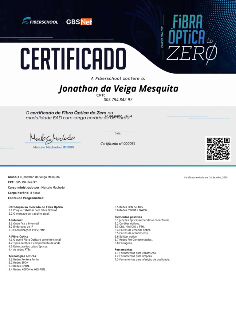 Certificado - Fibra Optica 2024 - Jonathan | PDF