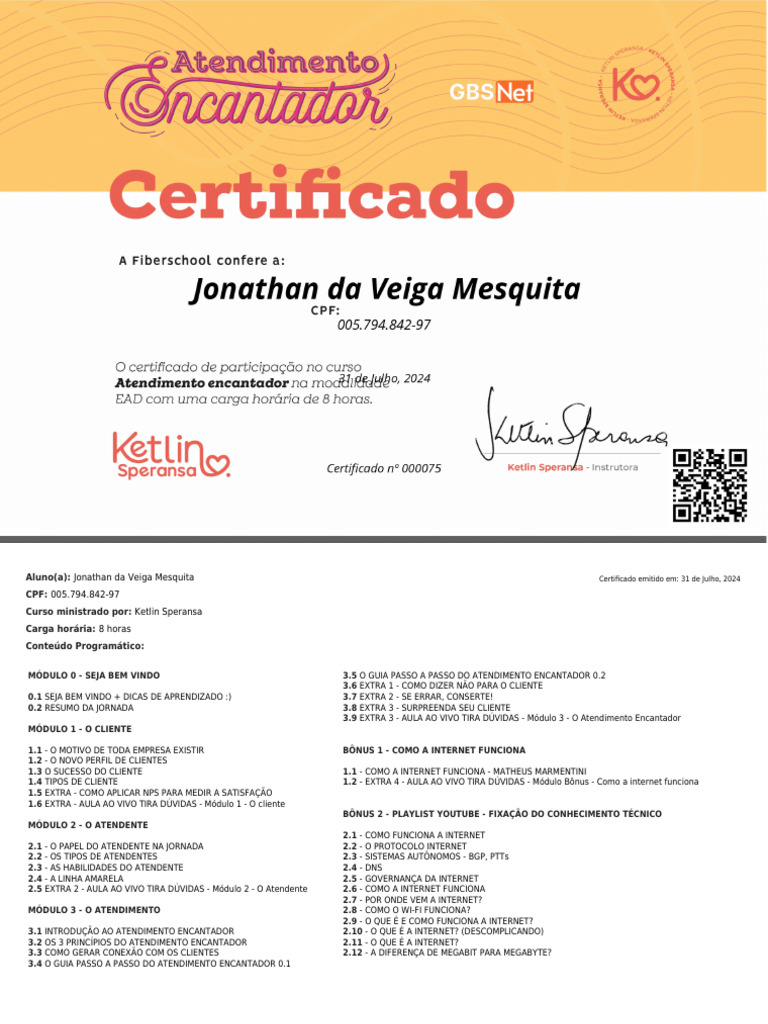 Certificado - Atendimento Encantador - Jonathan 2024 | PDF | Internet | Rede de computadores