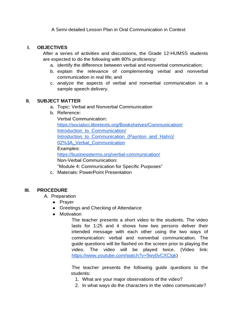 Semi Detailed Lesson Plan On Verbal and Nonverbal Communication | PDF ...