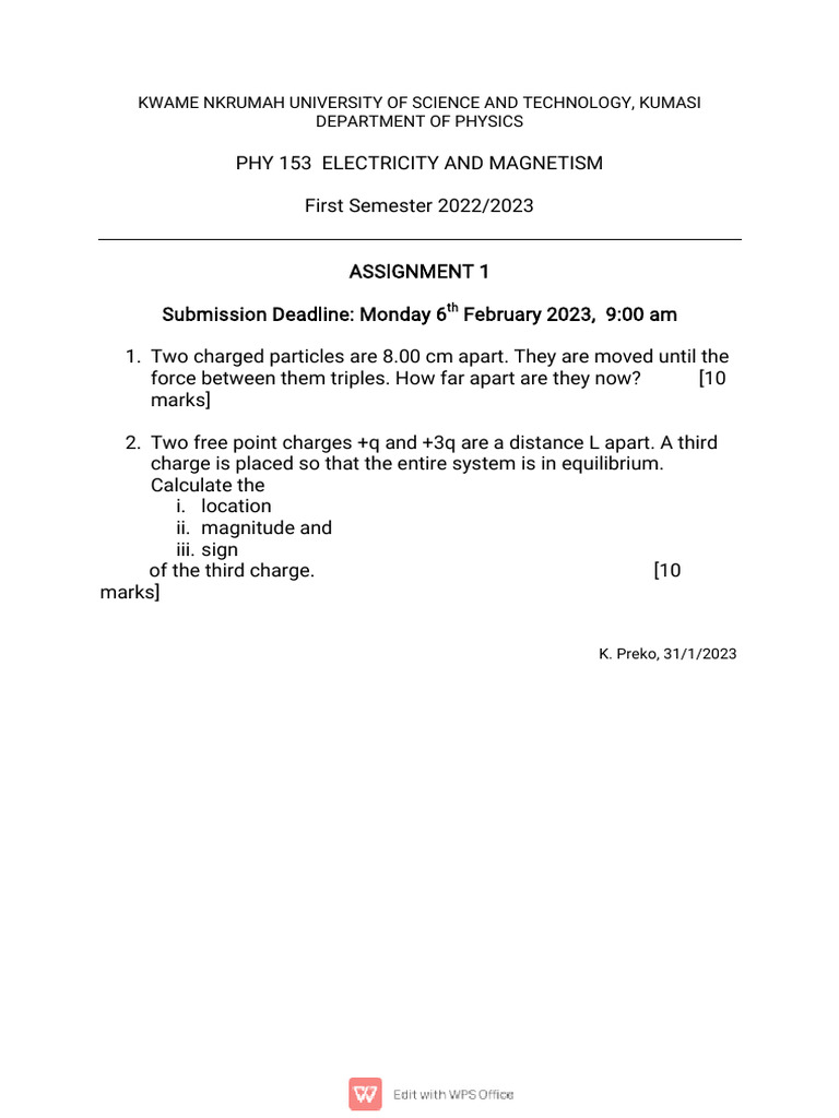 PHY 153 Electricity & Magnetism Assignment | PDF