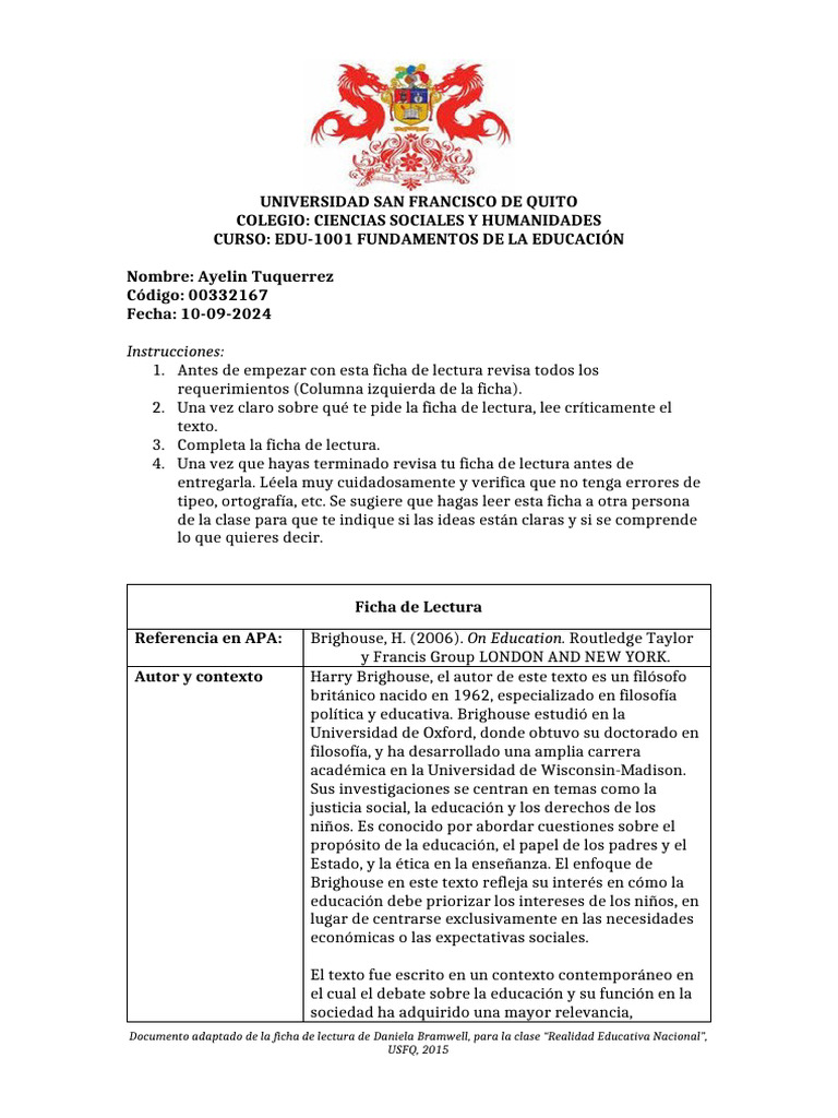 Formato Fichas de Lectura Capitulo 1 | PDF | Ecuador