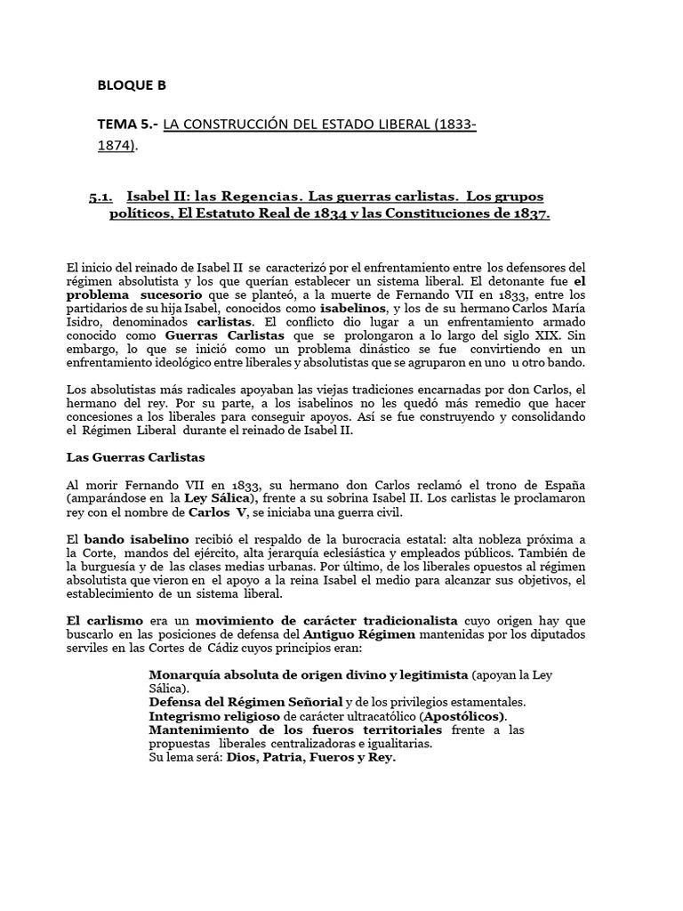 Bloque B. Tema 5. La Construcción Del Estado Liberal (1833-1874) | PDF | España | Política de españa