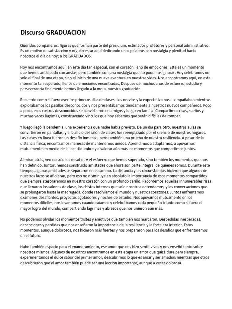 Discurso de Graduación Emotivo y Reflexivo | PDF | Amor