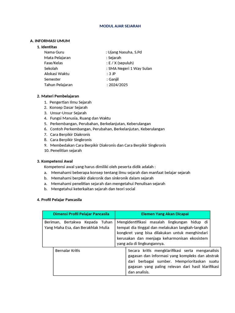 Modul Ajar Sejarah Konsep Dasar Sejarah Berdiferensiasi | PDF | Ilmu Sosial | Filsafat