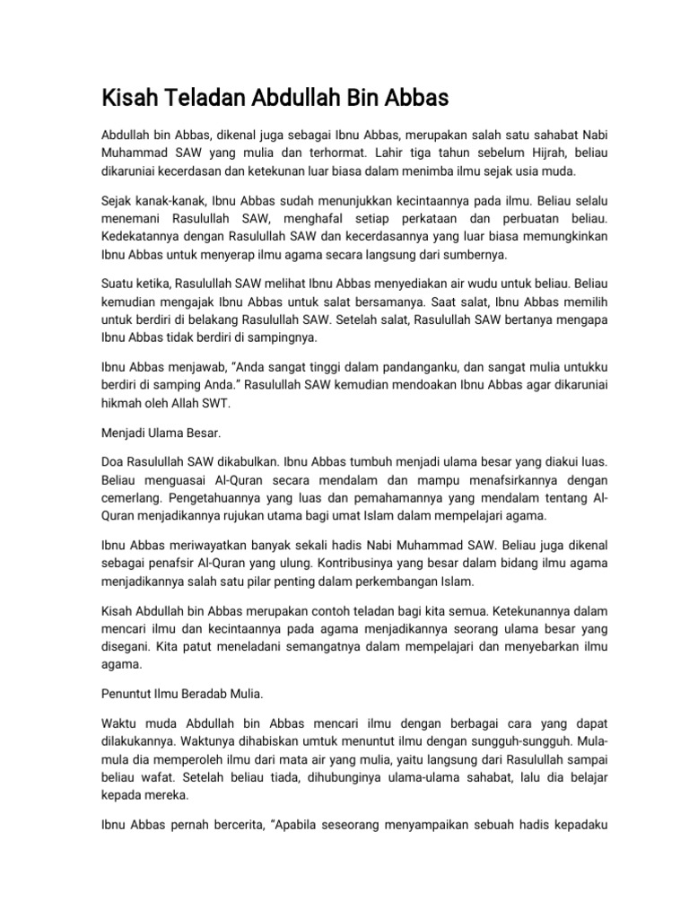 Kisah Teladan Abdullah Bin Abbas | PDF | Ilmu Sosial | Sejarah