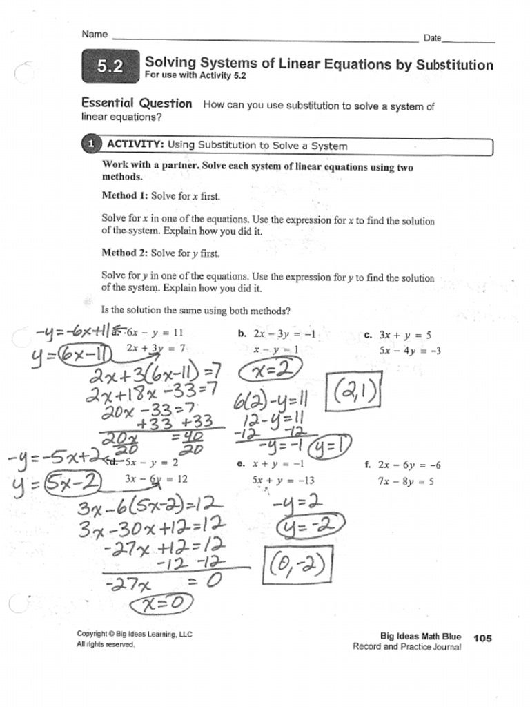 Notes 5.2 Solving Linear Systems by Substitution | PDF