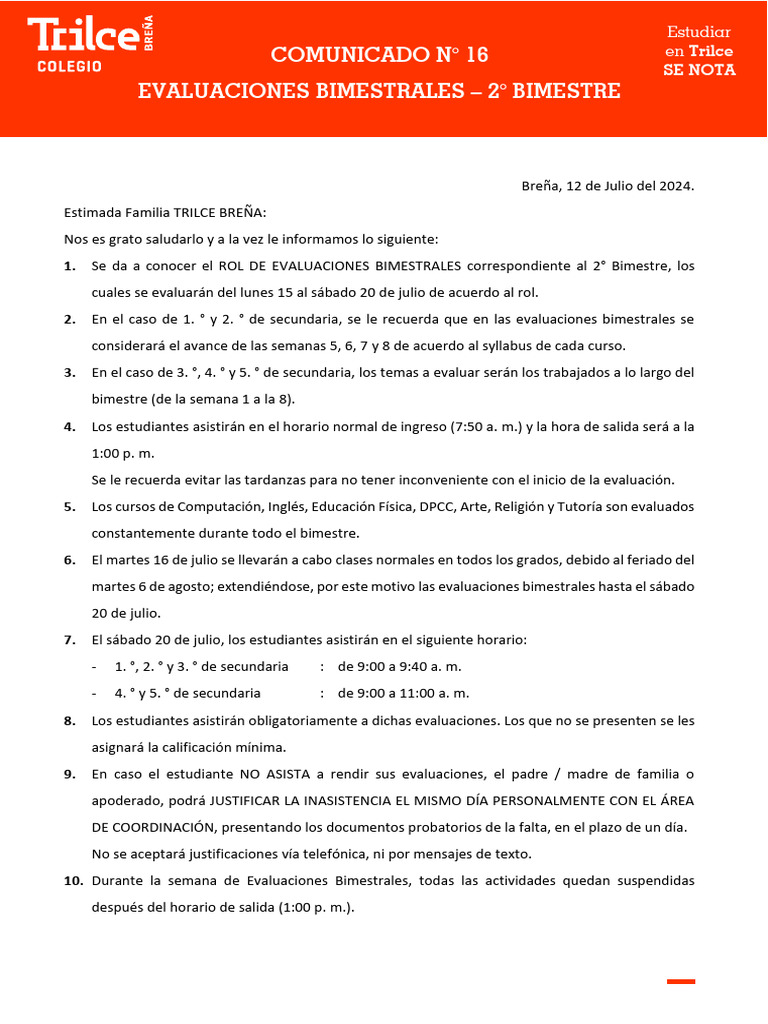 COMUNICADO N16 Evaluaciones Bimestrales 2bim | PDF