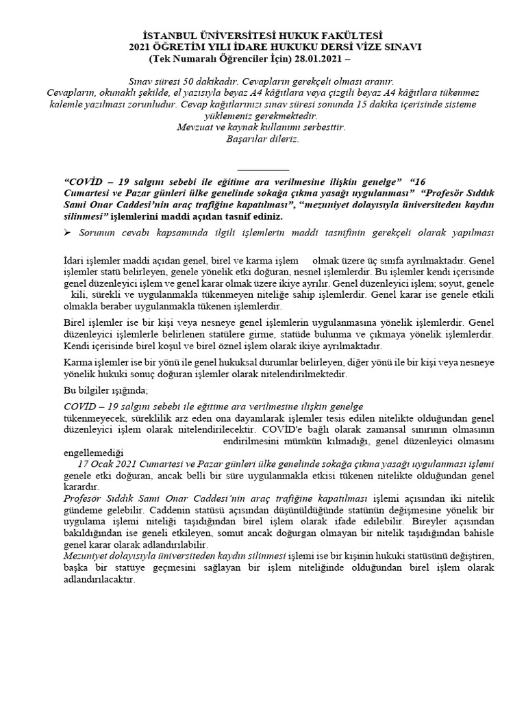 2020 2021 İdare Hukuku Tek Vize Cevap Anahtari | PDF