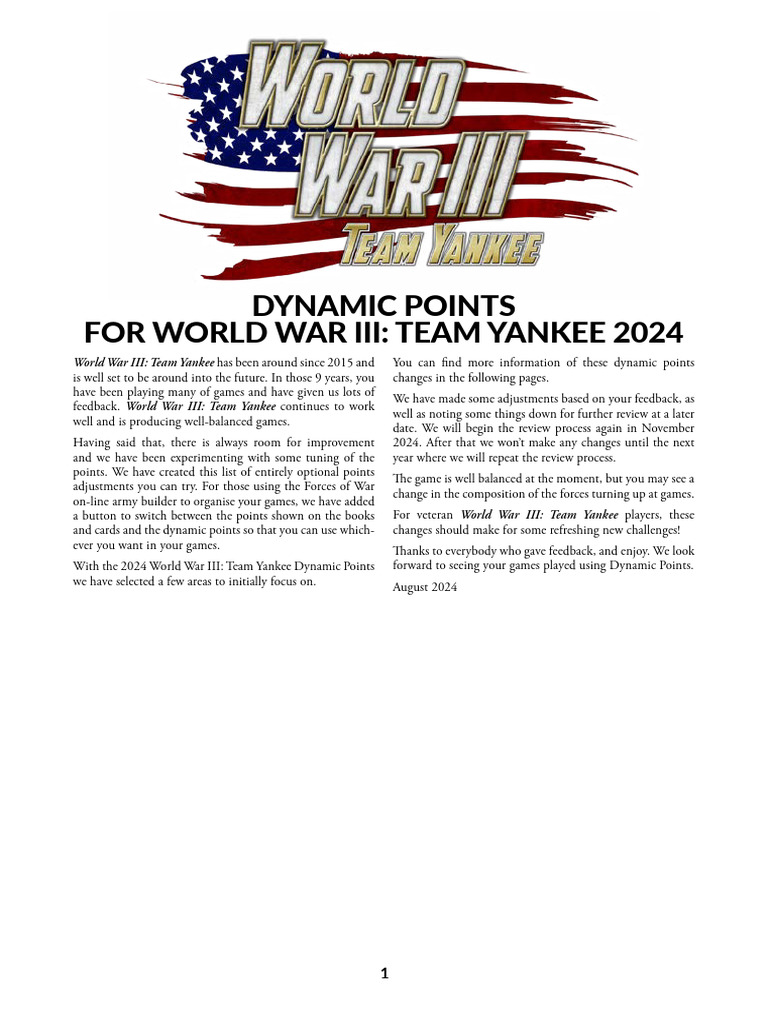 World War III Team Yankee Dynamic Points 2024 Final | PDF | Platoon ...