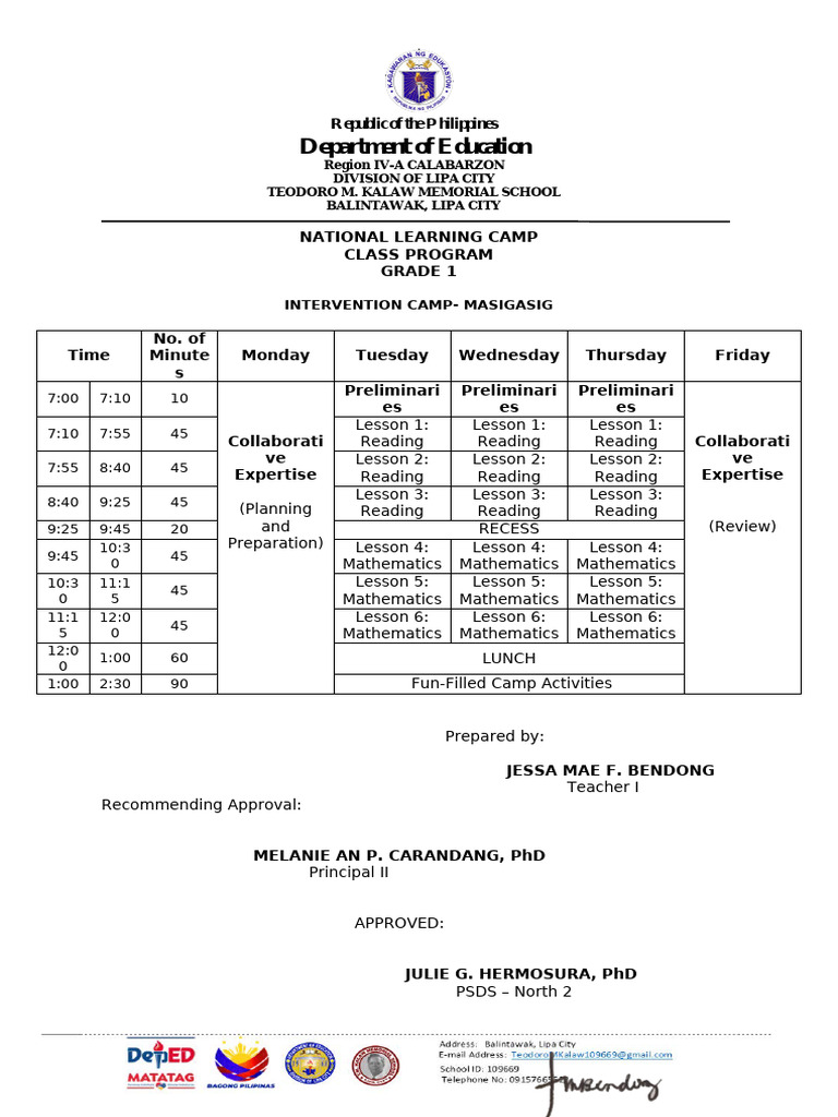 Class Sched - NLC - Grades 1 3 | PDF | Human Development | Learning