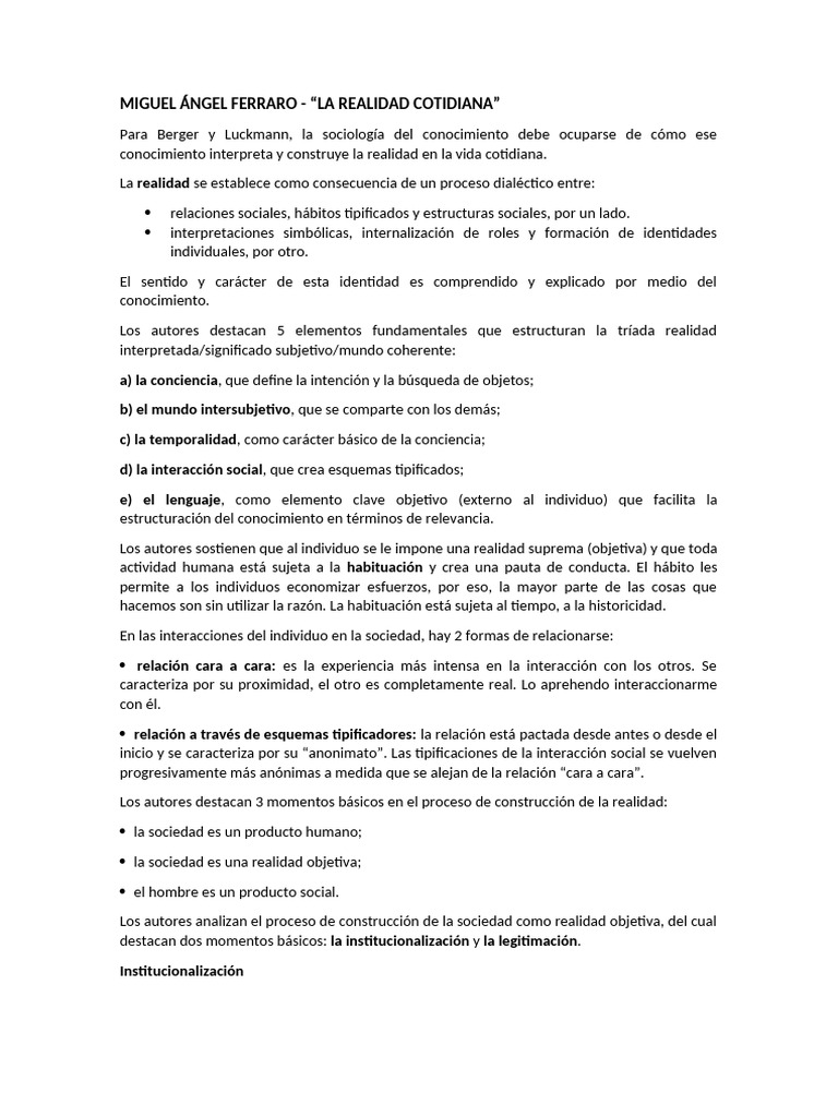 La realidad cotidiana según Ferraro | PDF | Conocimiento | Realidad