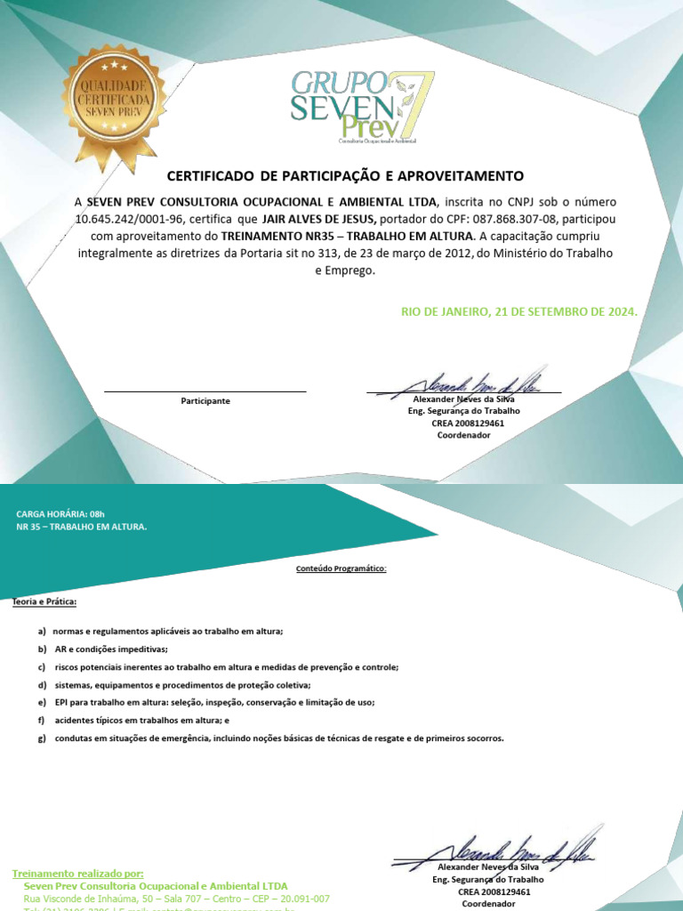 Certificado NR35 Jair | PDF