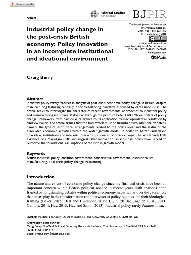 Industrial Policy Change in The Post Crisis British Economy Policy ...