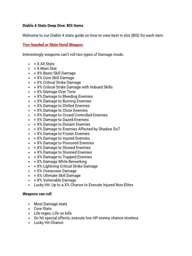 Diablo 4 Stats Deep Dive - BIS Items | PDF | Gaming