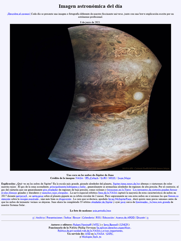 Junio 8, 2021. Una cara en las nubes de Júpiter… | PDF | Júpiter | Espacio exterior