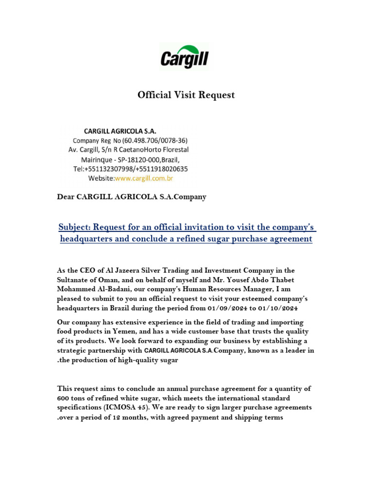 Cargill Visit Request for Sugar Deal | PDF | Business