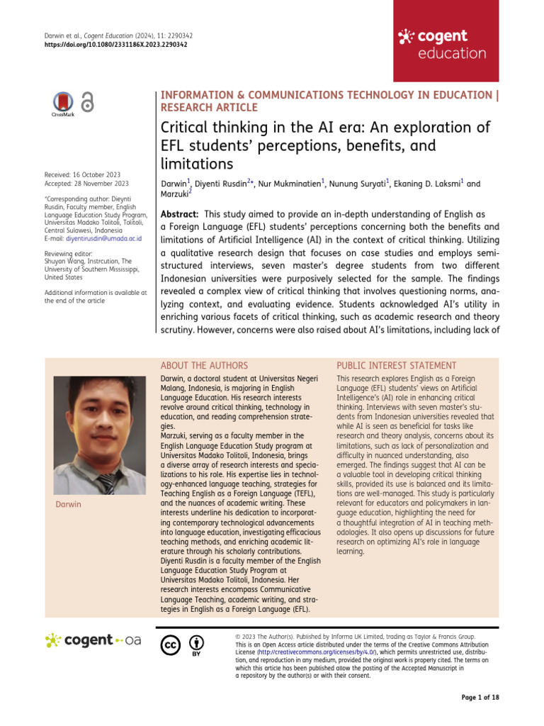 Critical Thinking in The AI Era An Exploration of | PDF | Critical Thinking | Intelligence (AI ...