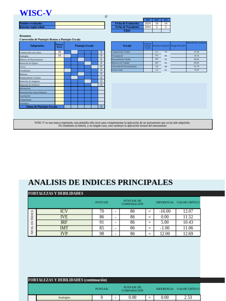 WISC-V Plantilla Corrección | PDF | Psicología cognitiva | Cognición