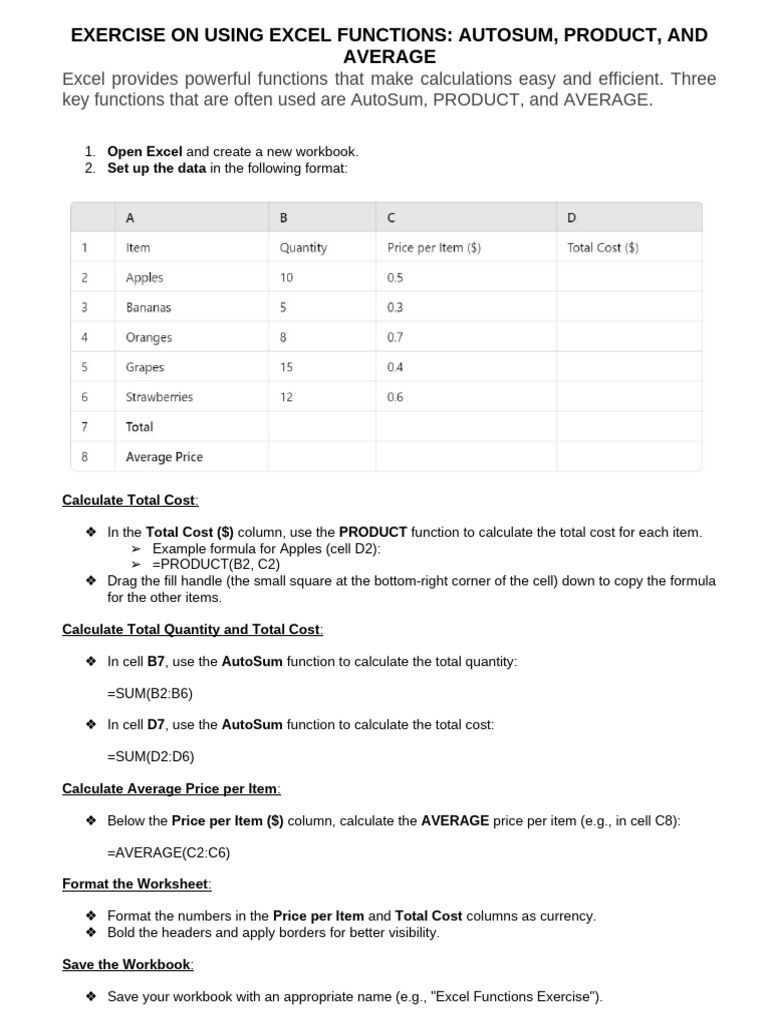 Exercise On Using Excel Functions - Autosum, Product, and Average | PDF | Chart | Microsoft Excel