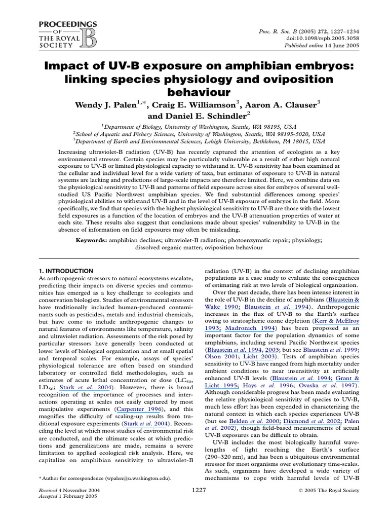 (2005) Impact of UV-B Exposure On Amphibian Embryos Linking Species Physiology and Oviposition ...