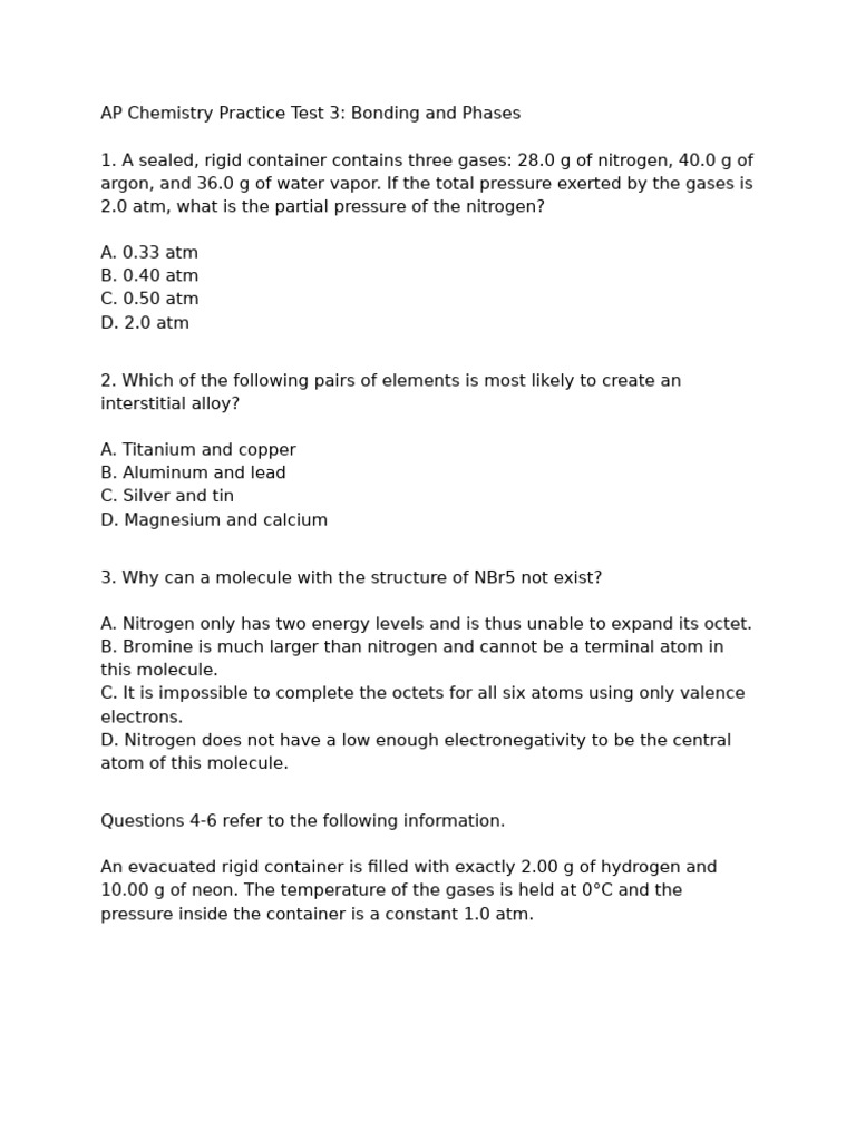 AP Chemistry Practice Test 3 | PDF | Gases | Phase (Matter)