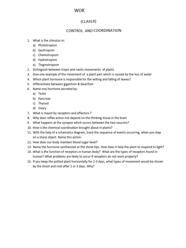 CBSE Class 10 Biology Lesson 2 Control and Coordination Worksheet1 | PDF