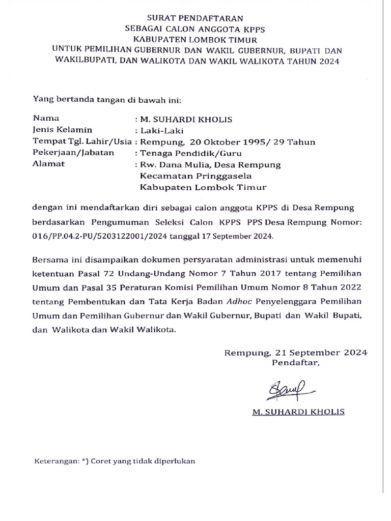 Surat Pendaftaran KPPS 2024 | PDF