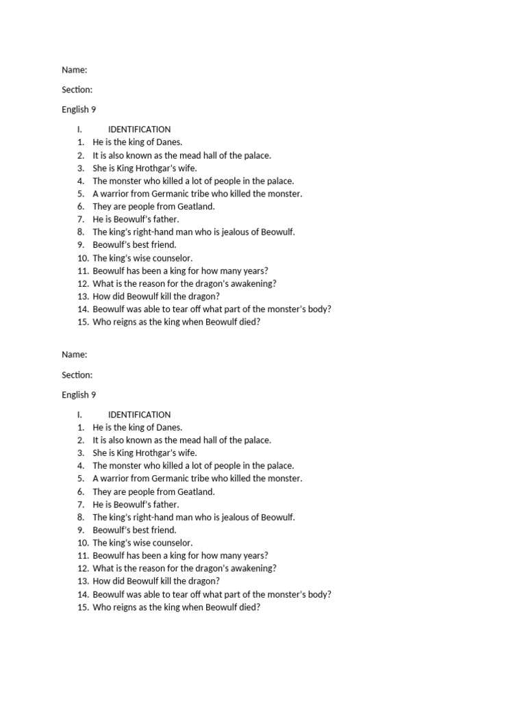 English Beowulf Quiz | PDF