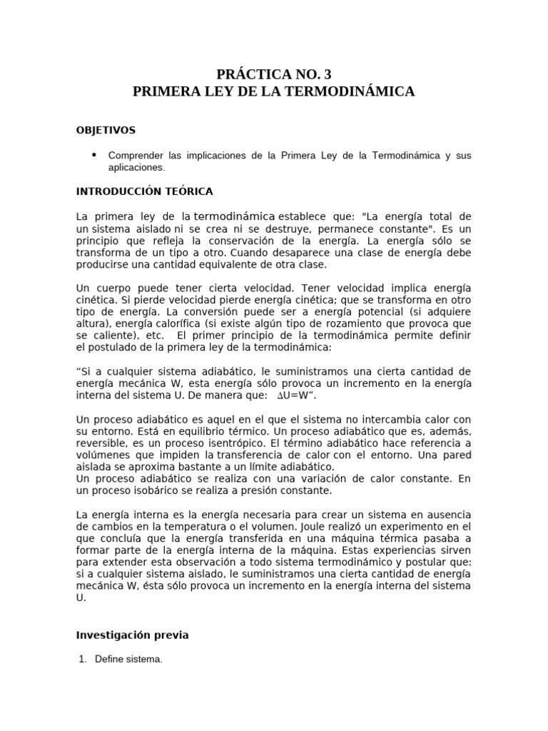 PRÁCTICA NO. 3 Primera Ley | PDF | Termodinámica | Calor
