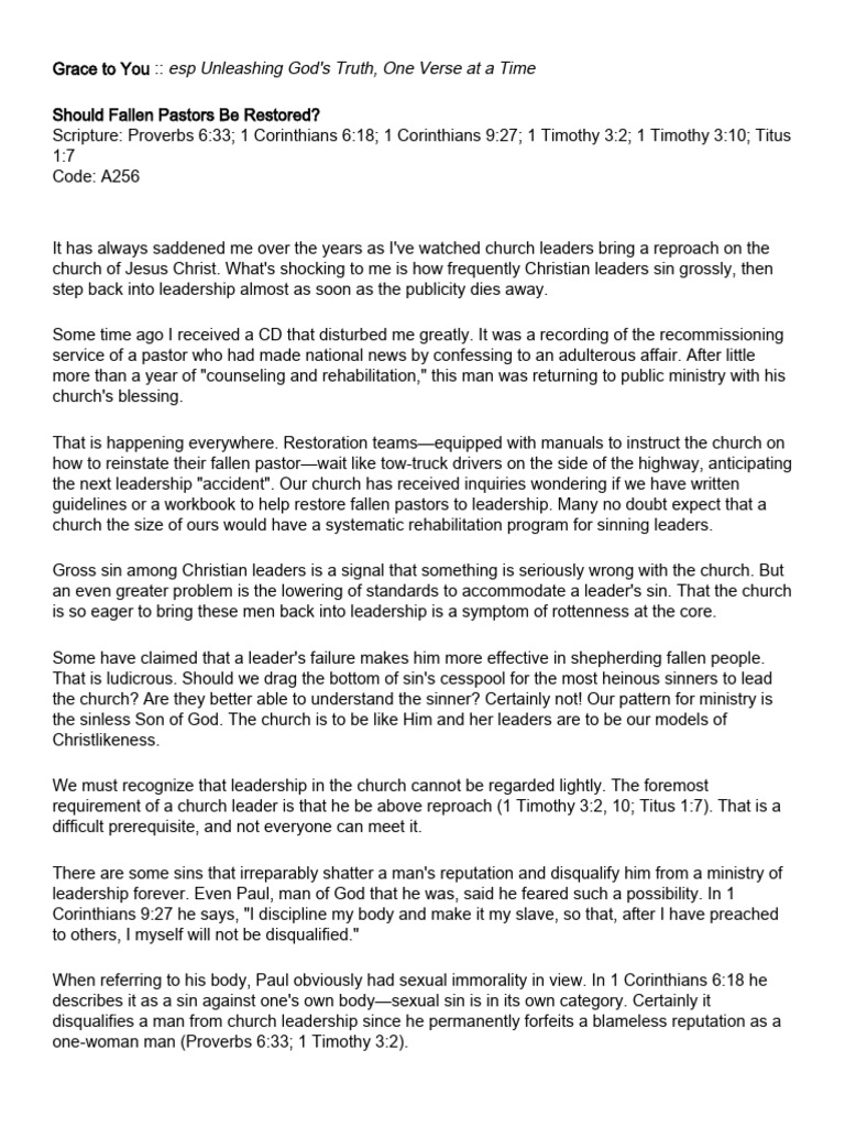 Should Fallen Pastors Be Restored - Sep 21 2024 | PDF | Pastor | Sin