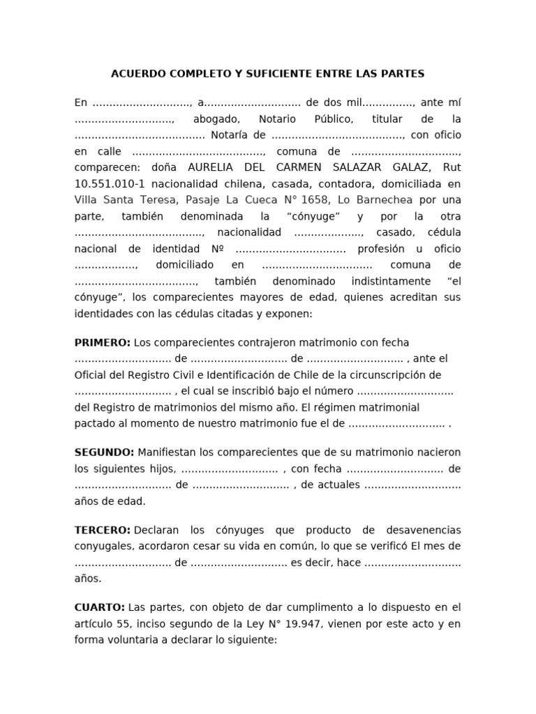 Acuerdo Completo y Suficiente Conyugal | PDF | Matrimonio | Pensión alimenticia