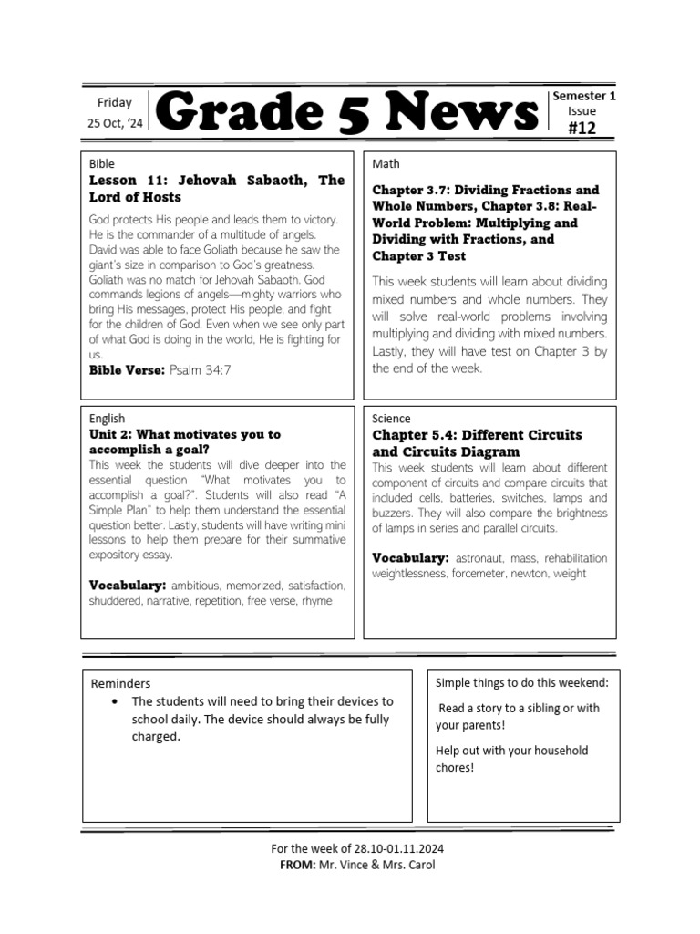 Grade 5 Weekly News Update: Oct 25 | PDF
