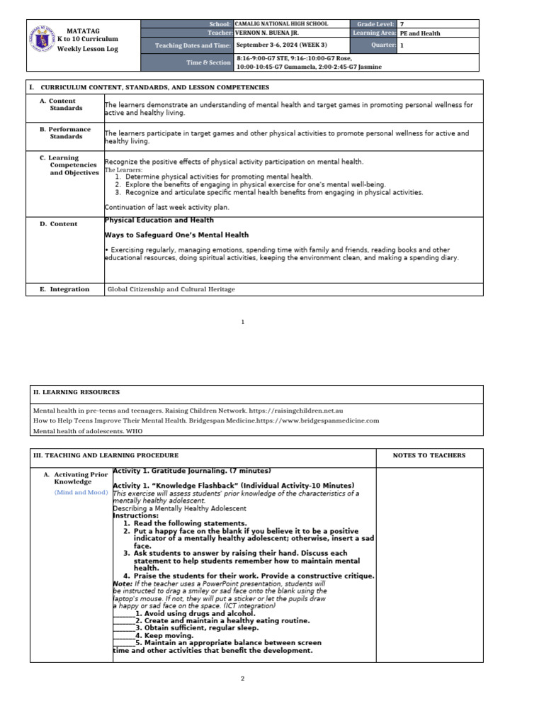 DLL MATATAG - PE and Health Q1 W3 | PDF | Cognition | Behavior Modification