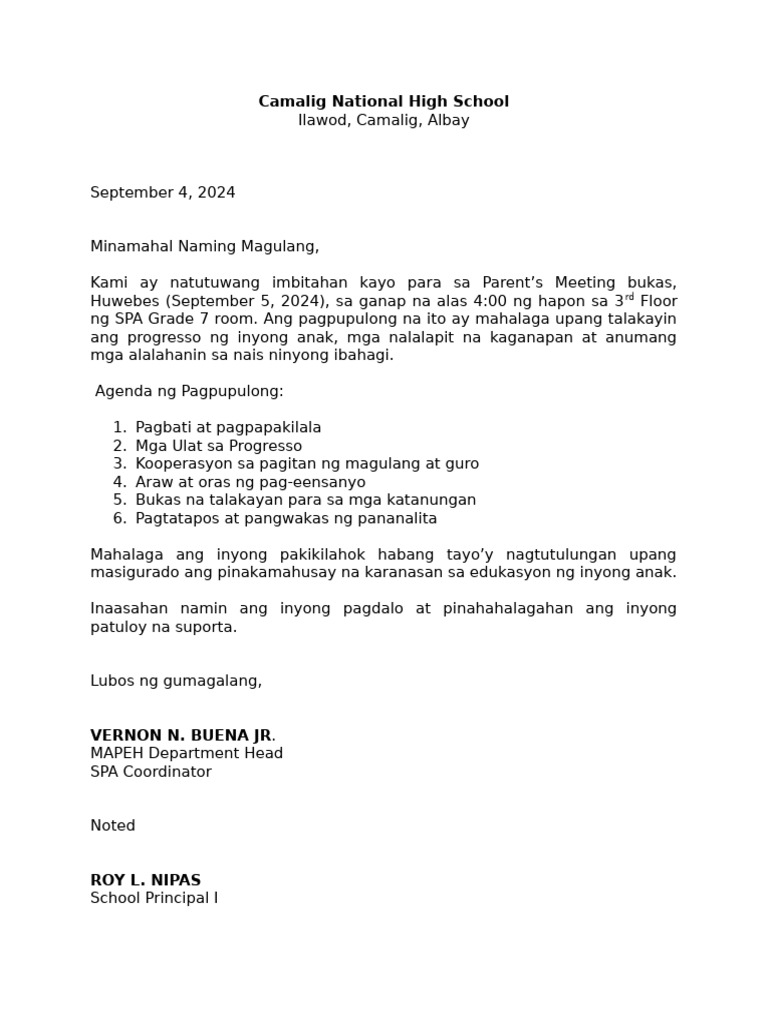 Parent's Meeting Invitation Tagalog | PDF